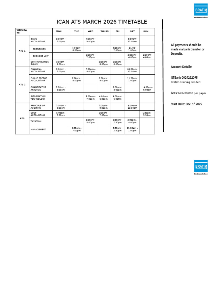 ICAN ATS March 2026 Class Schedule | PDF | Payments | Accounting