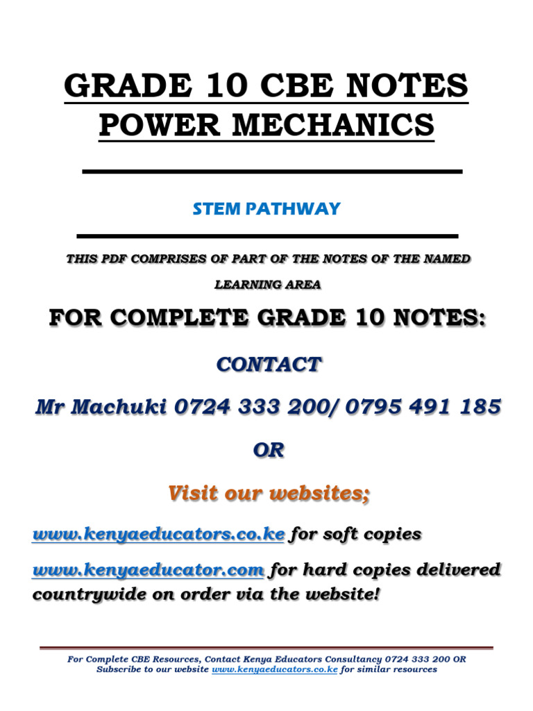 Grade 10 Power Mechanics CBE Notes | PDF | Car | Engines