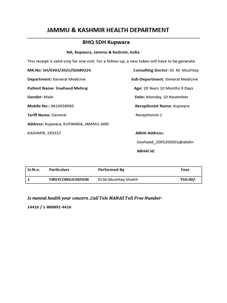 Jammu & Kashmir Health Receipt | PDF
