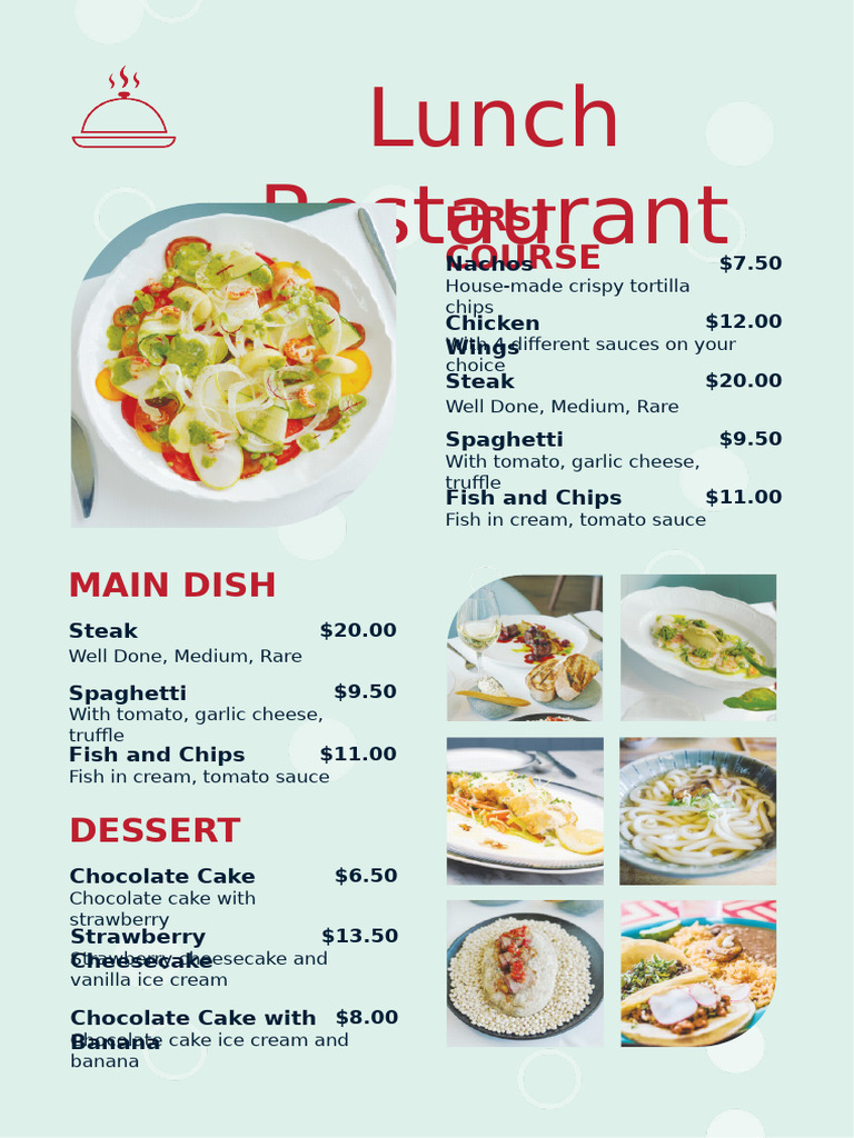 Lunch Menu: Appetizers, Mains, Desserts | PDF
