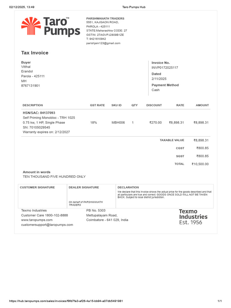 Taro Pumps Hub-2 | PDF | Taxes | Payments