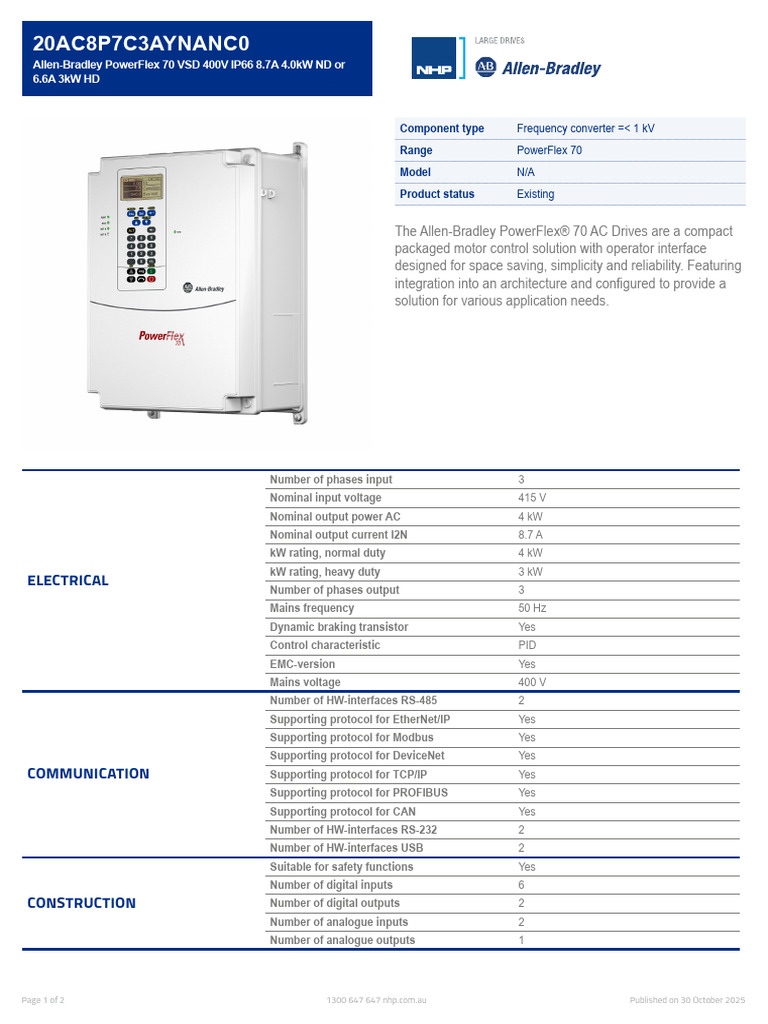 20AC8P7C3AYNANC0 AU PF70 Variable Speed Drive Datasheet | PDF ...