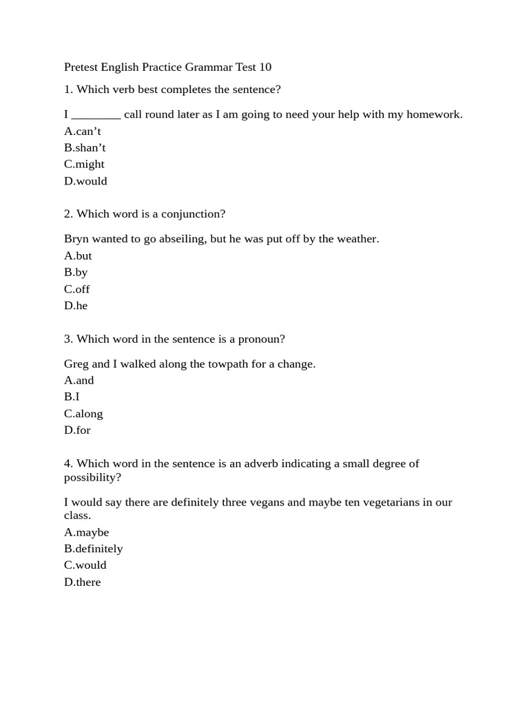 English Grammar Pretest Practice Test | PDF