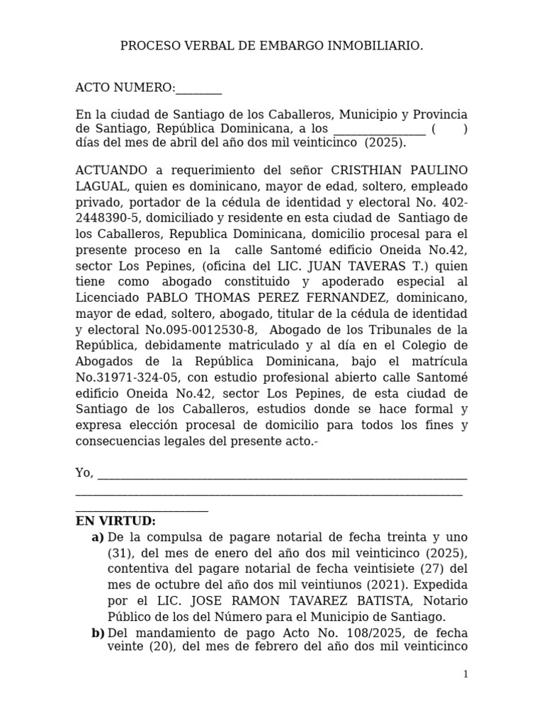 Proceso Verbal de Embargo Inmobiliario Michael | PDF | República Dominicana