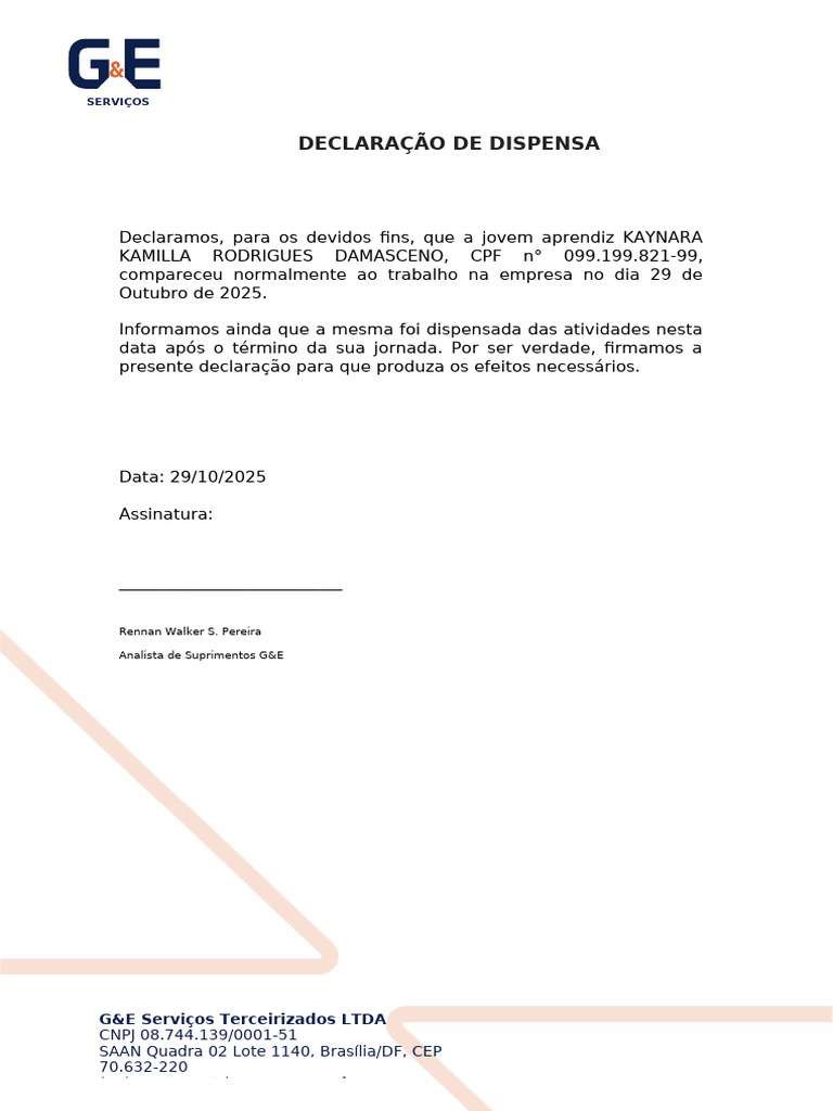 Declaração De Dispensa De Aprendiz Pdf