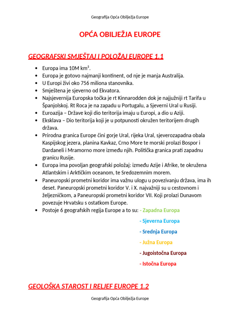 Opća Obilježja Europe Geografija | PDF
