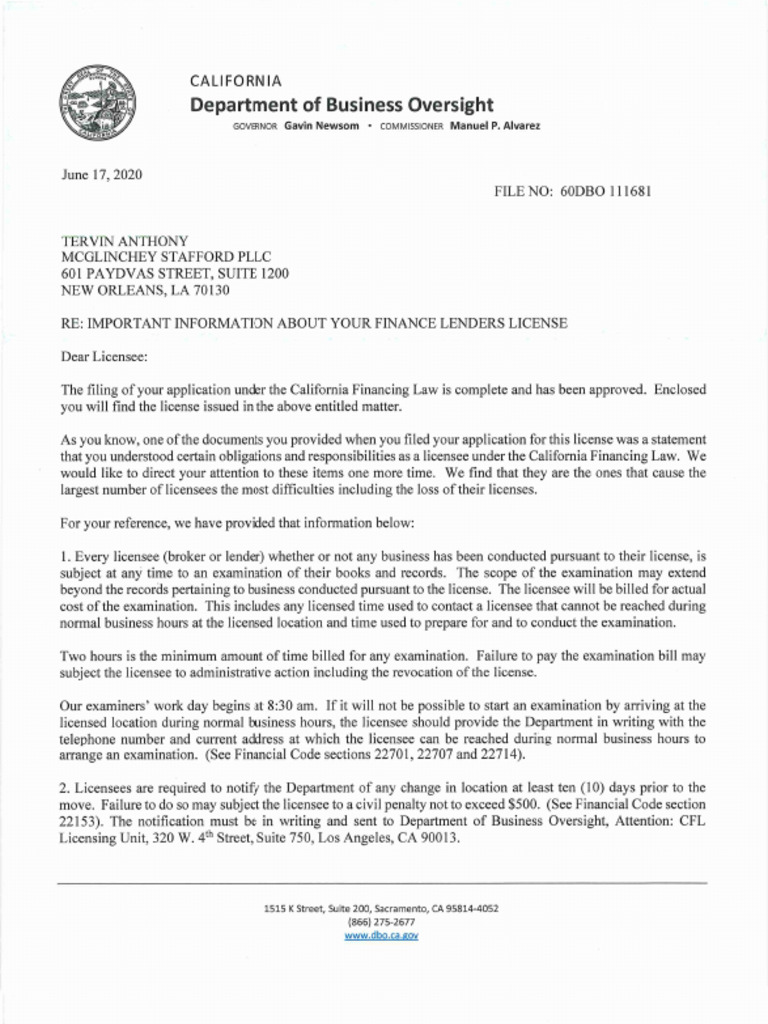 CA Financing Law License - ALS - 60DBO-111681 | PDF