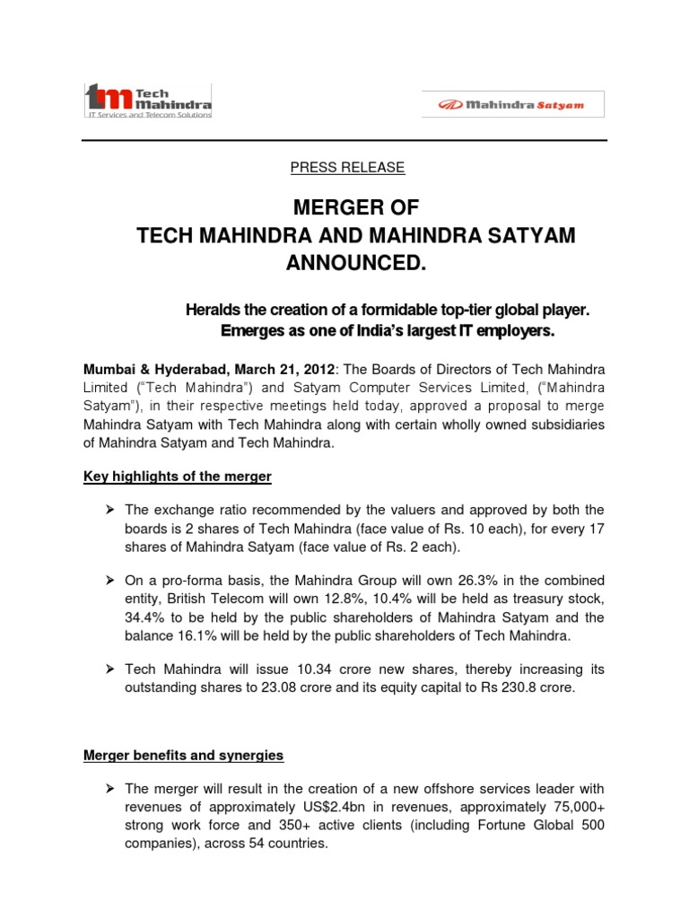 Tech Mahindra and Mahindra Satyam Merger Announced | PDF | Mergers And ...