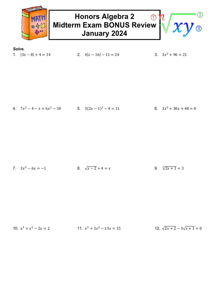 Honors Algebra 2 - Midterm BONUS Review (2023-2024) | PDF | Algebra ...