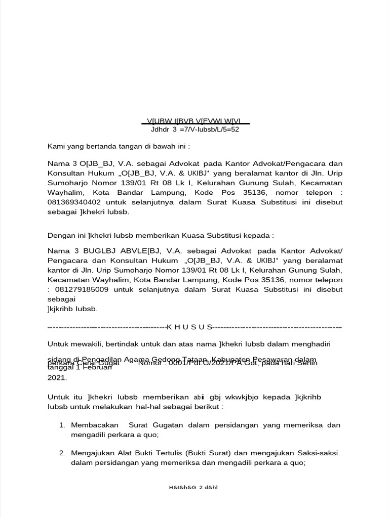 Surat Kuasa Substitusi Cerai Gugat | PDF