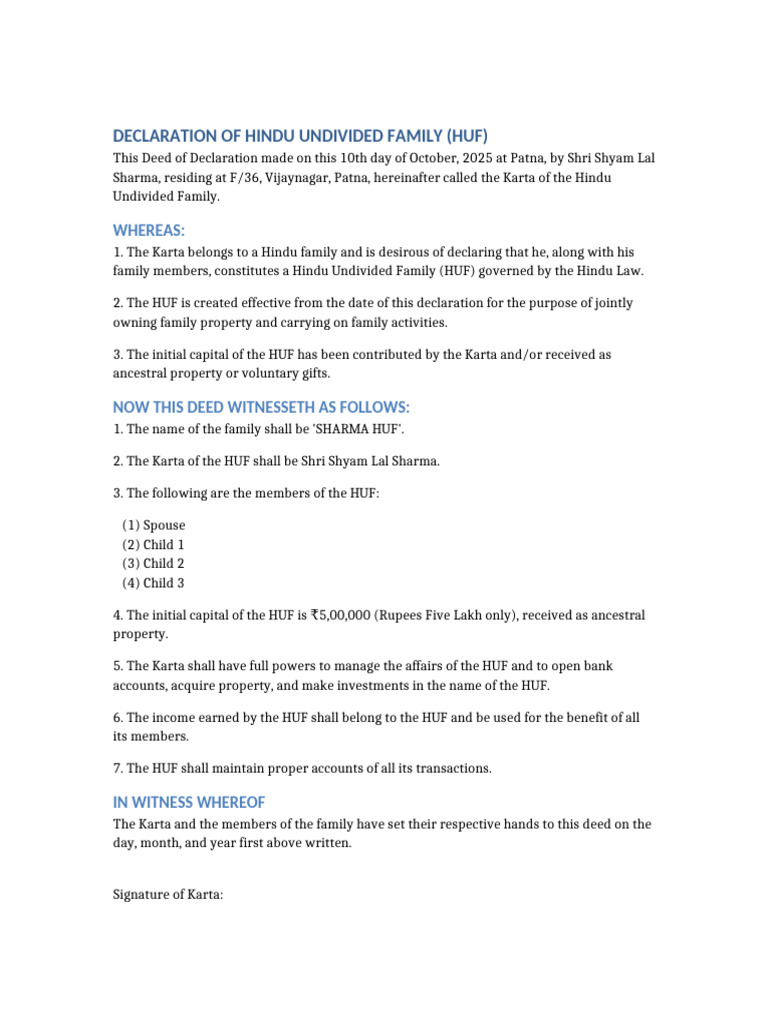 Hindu Undivided Family Declaration Form | PDF