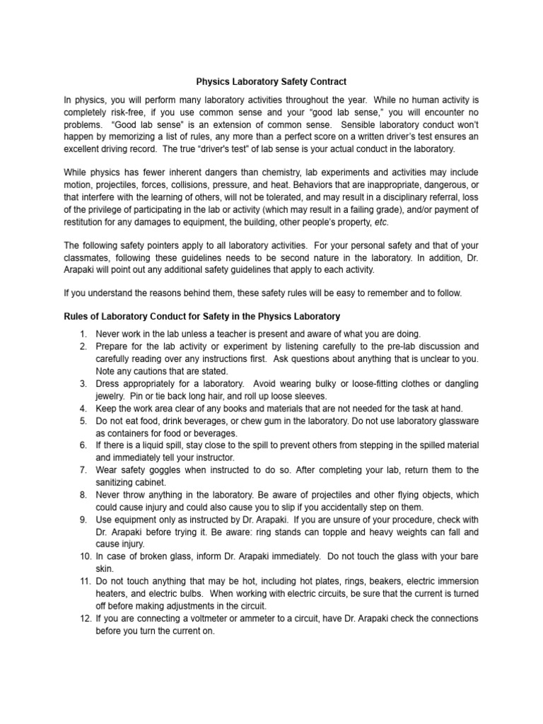 Physics Lab Safety Guidelines Contract | PDF | Laboratories
