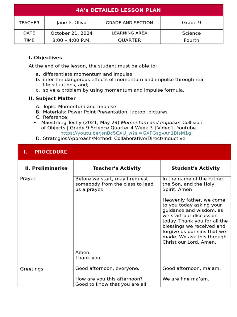 Momentum and Impulse Lesson Plan | PDF | Force | Momentum