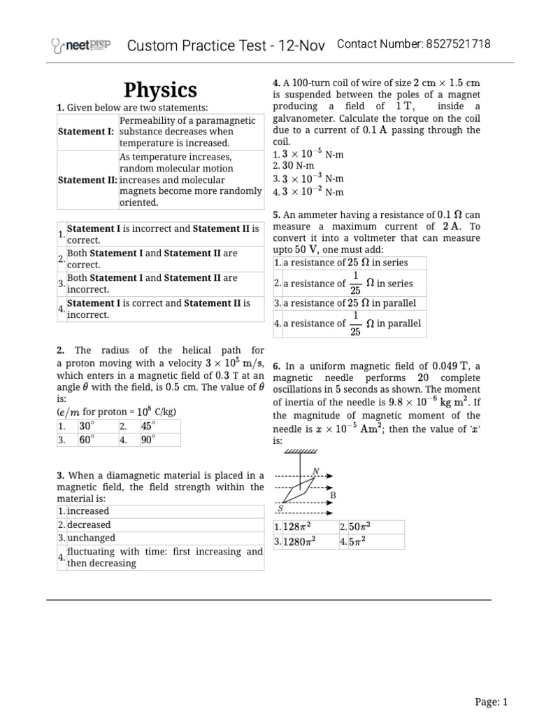 Physics Practice Test on Magnetism Concepts | PDF | Magnetic Field | Magnet