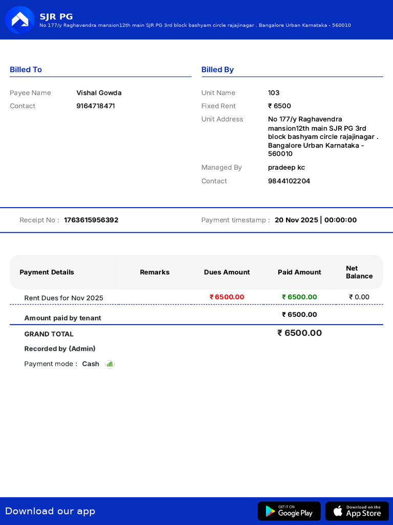Tenant Payment Receipt for SJR PG | PDF | Payments | Money