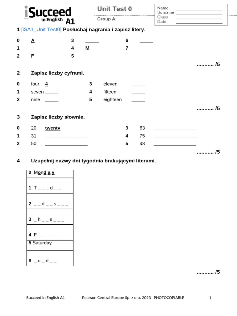 ISucceed A1 Tests Unit 0 Test Group A | PDF