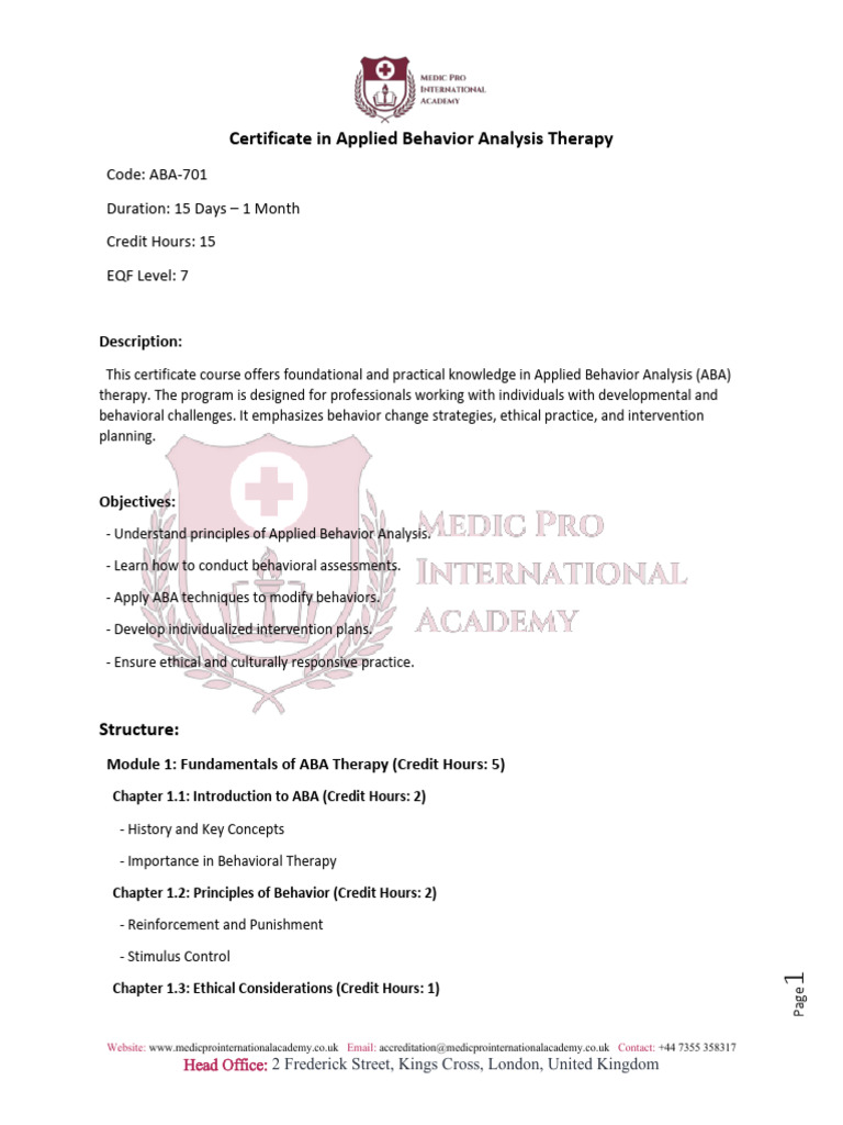 Certificate in ABA Therapy Course | PDF | Behavioural Sciences ...