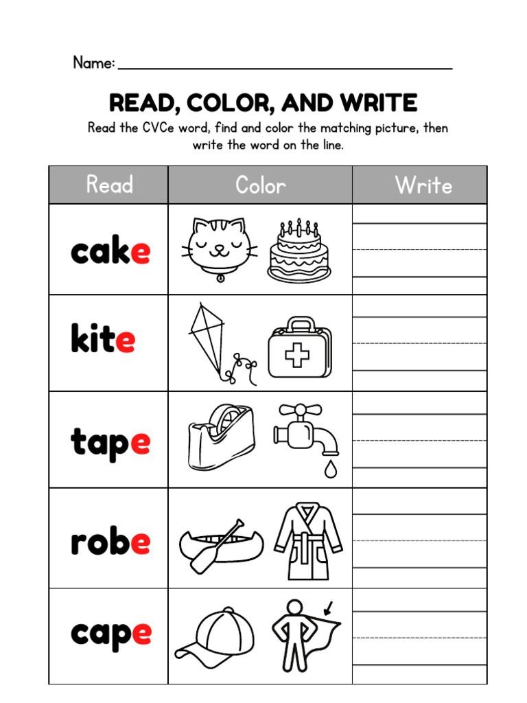 Literacy CVCe Silent E Read, Color, And Write Worksheet Lined and ...