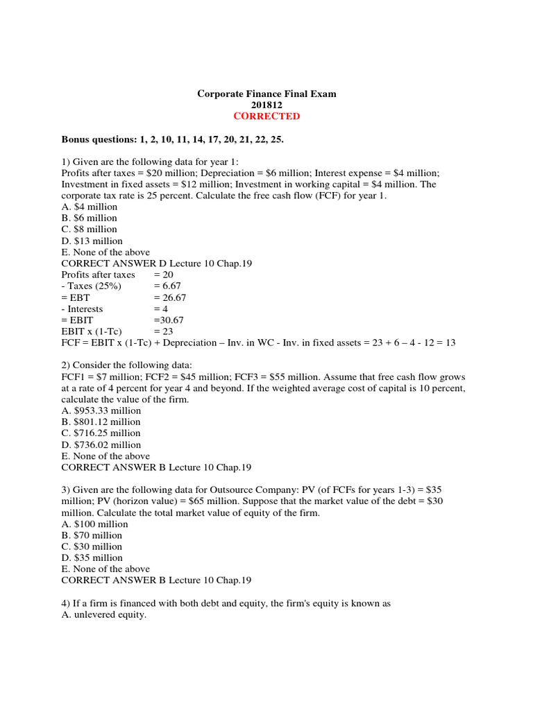 Corporate Finance Exam Questions and Answers | PDF | Cost Of Capital ...