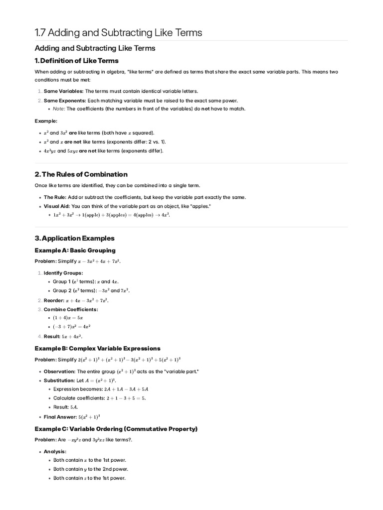 1.7 Adding and Subtracting Like Terms | PDF | Variable (Mathematics ...