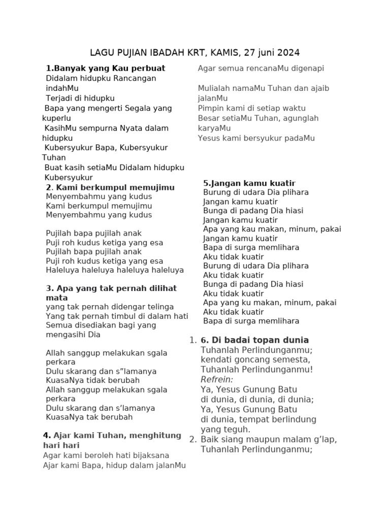 Lagu Pujian Ibadah KRT 27 Juni 2024 | PDF