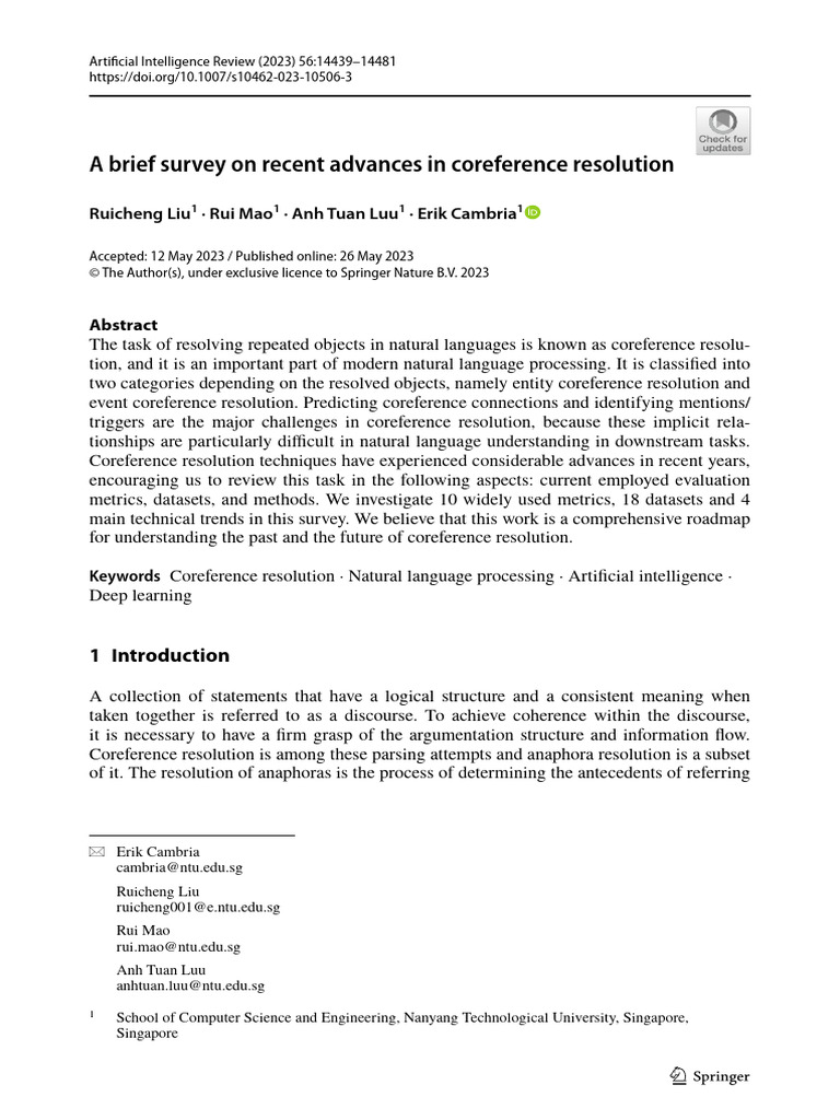 Liu - A Brief Survey On Recent Advances in Coreference Resolution | PDF | Linguistics