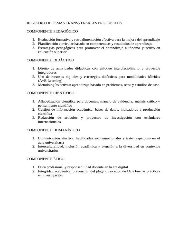 Registro de Temas Transversales Propuestos | PDF