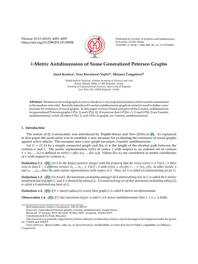 K-Metric Antidimension of Some Generalized Petersen Graphs | PDF ...