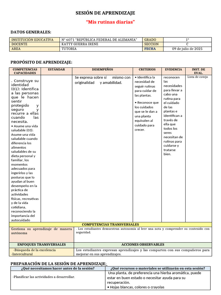 SESION Mis Rutinas Diarias | PDF | Aprendizaje | Modificación de ...