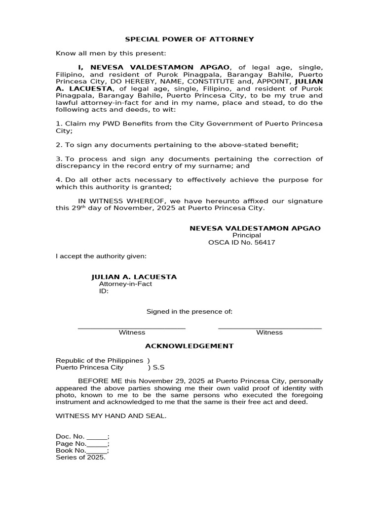 Special Power of Attorney - Senior Citizen Benefits Claim | PDF