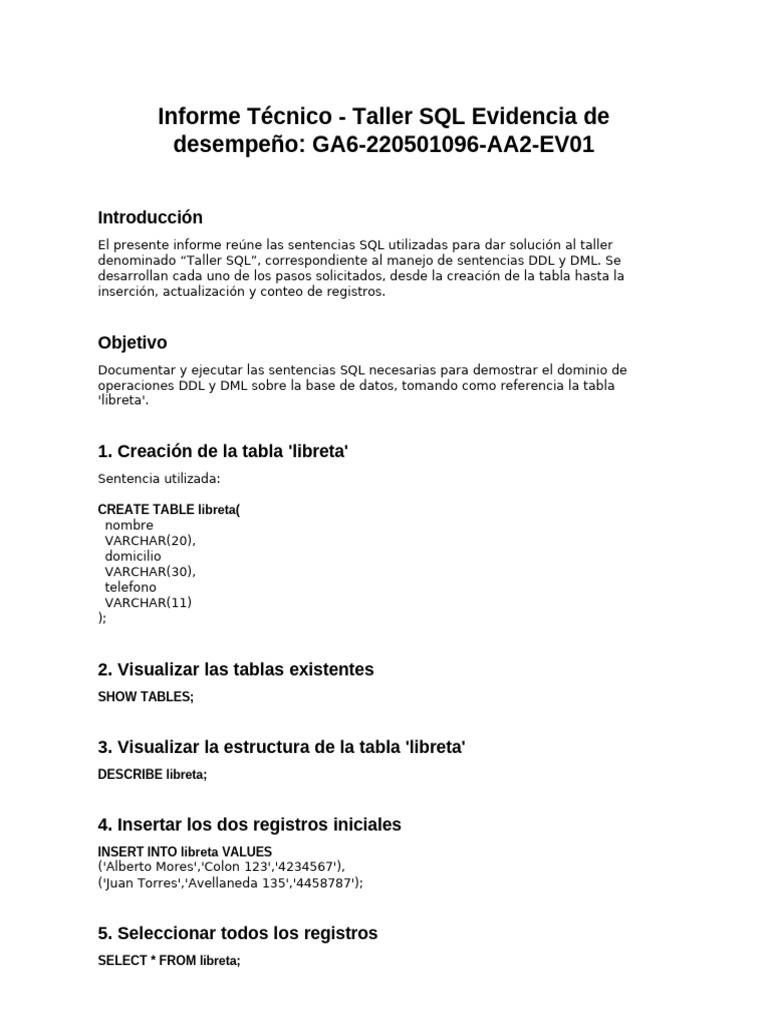 Informe Tecnico Taller SQL | PDF