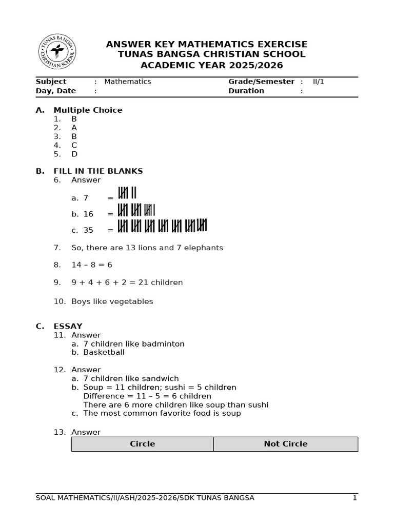 Mathematics Exercise Answer Key 2025/26 | PDF