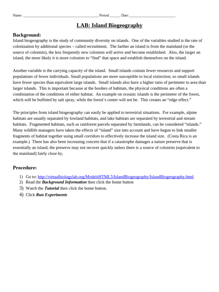 Topic 2.3 Island Biogeography Online Lab | PDF | Island | Habitat
