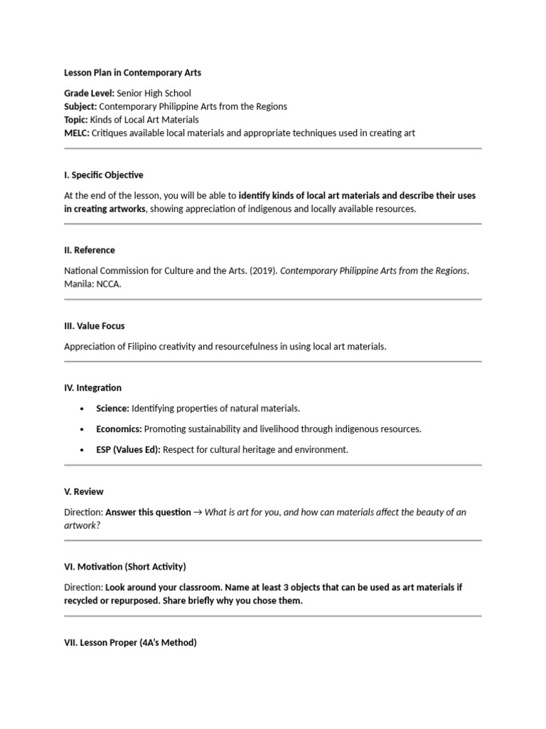 To Edit - Lesson Plan in Contemporary Arts | PDF