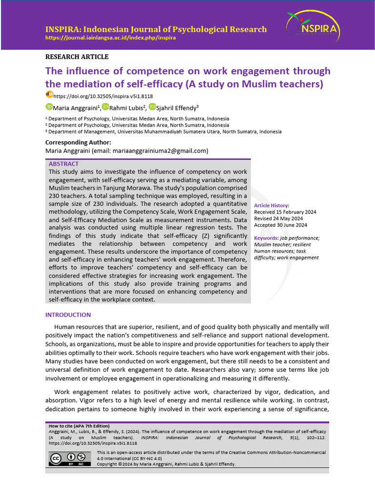 The Influence of Competence on Work Engagement Through the Mediation of Self-efficacy | PDF ...