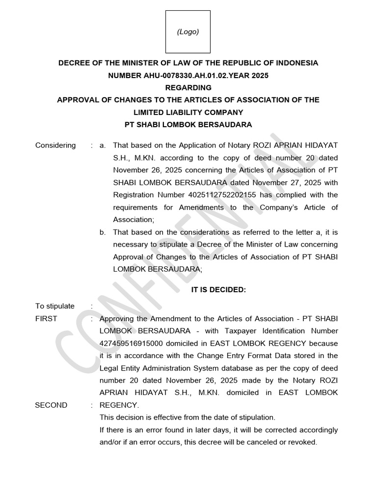 Draft - Approval of Change To The Articles of Association-PT Shabi ...