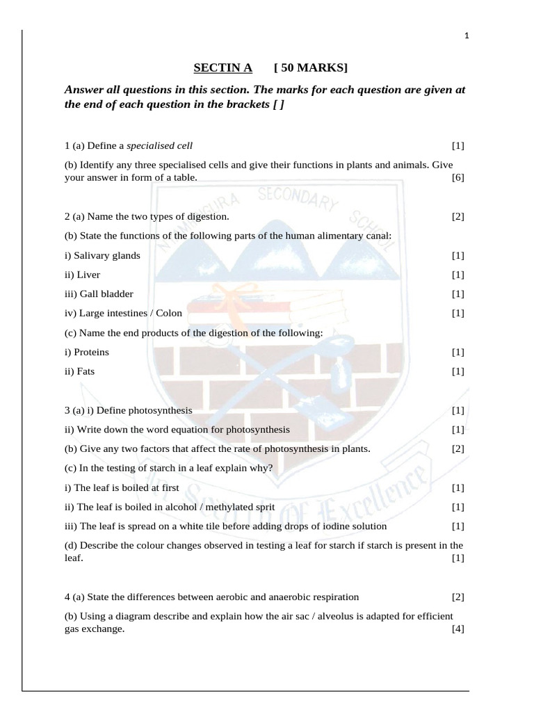 Science Exam: Cells, Digestion, and Respiration | PDF | Magnesium ...