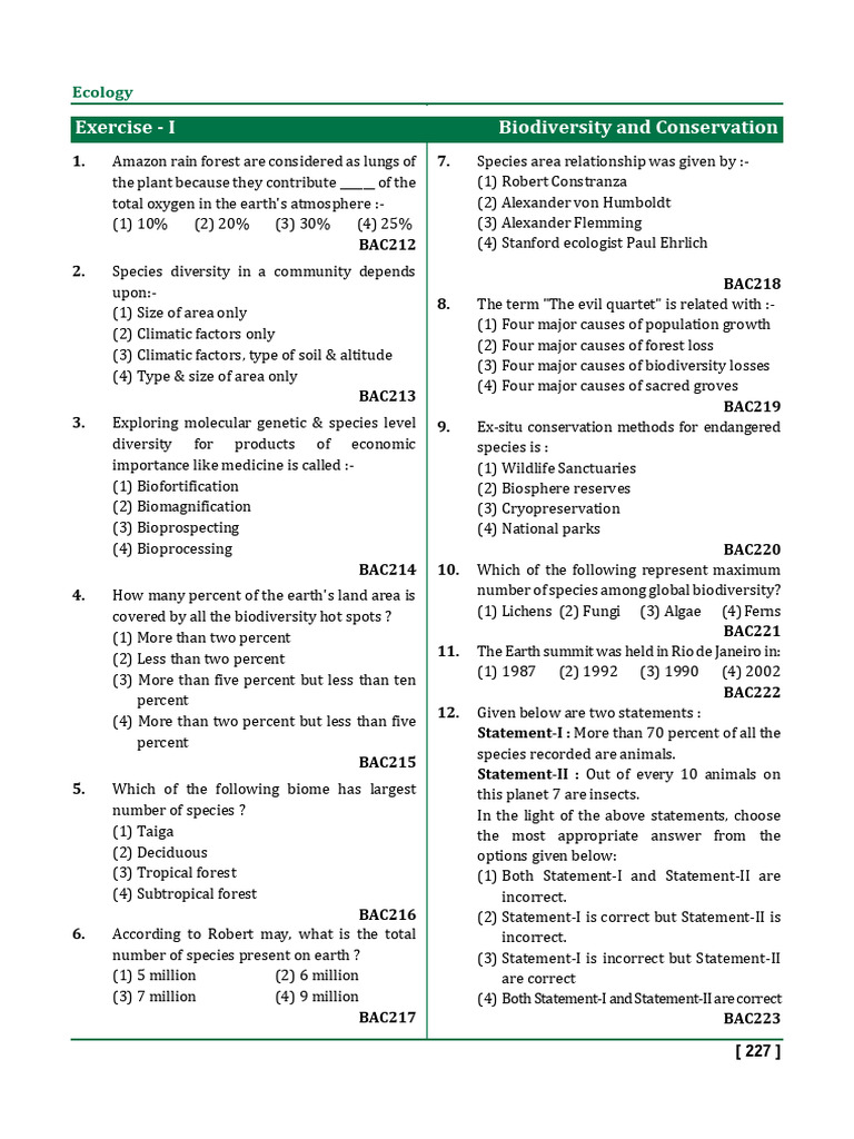Biodiversity and Conservation Quiz | PDF | Biodiversity | Conservation ...