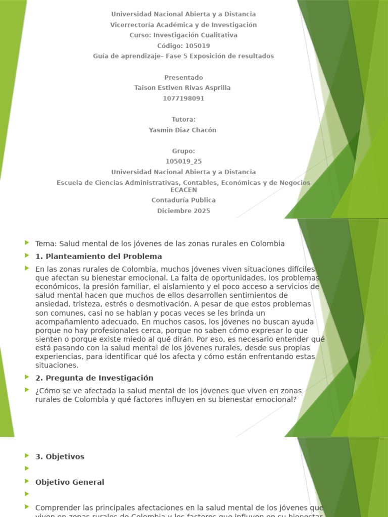 PRESENTACION TAREA 5 salud mental en los jovenes rurales de colombia ...