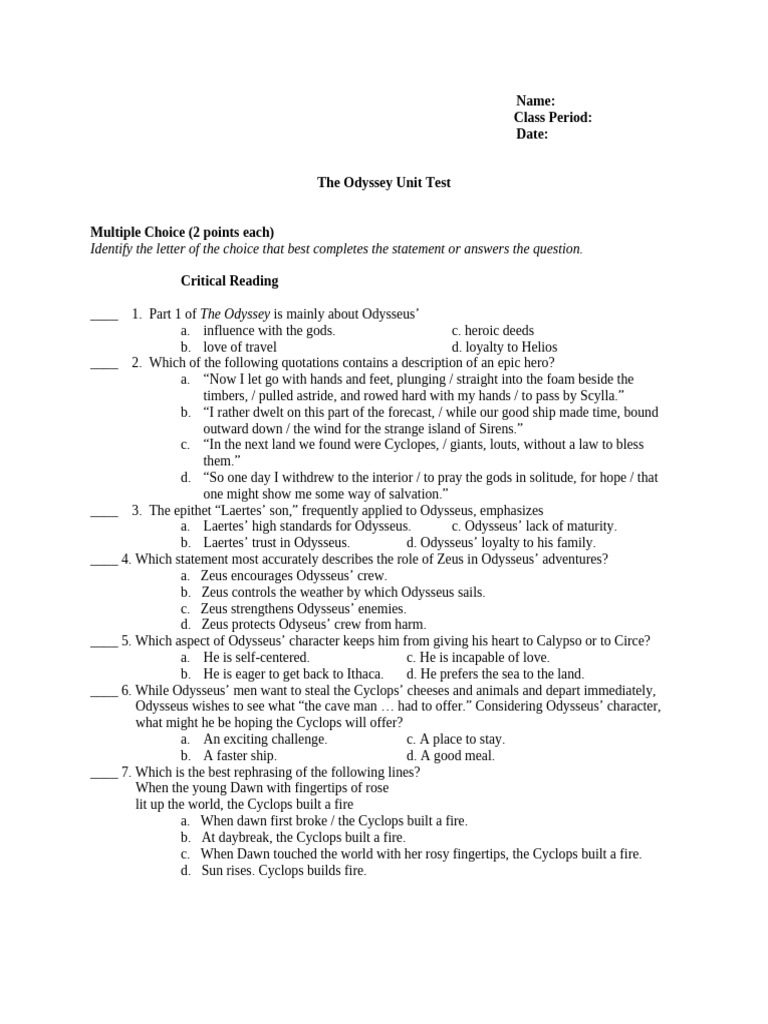 Odyssey Unit Test Questions and Answers | PDF | Penelope | Odysseus