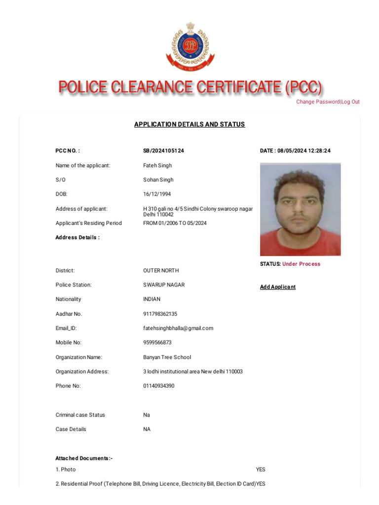 PCC Application Status for Fateh Singh | PDF