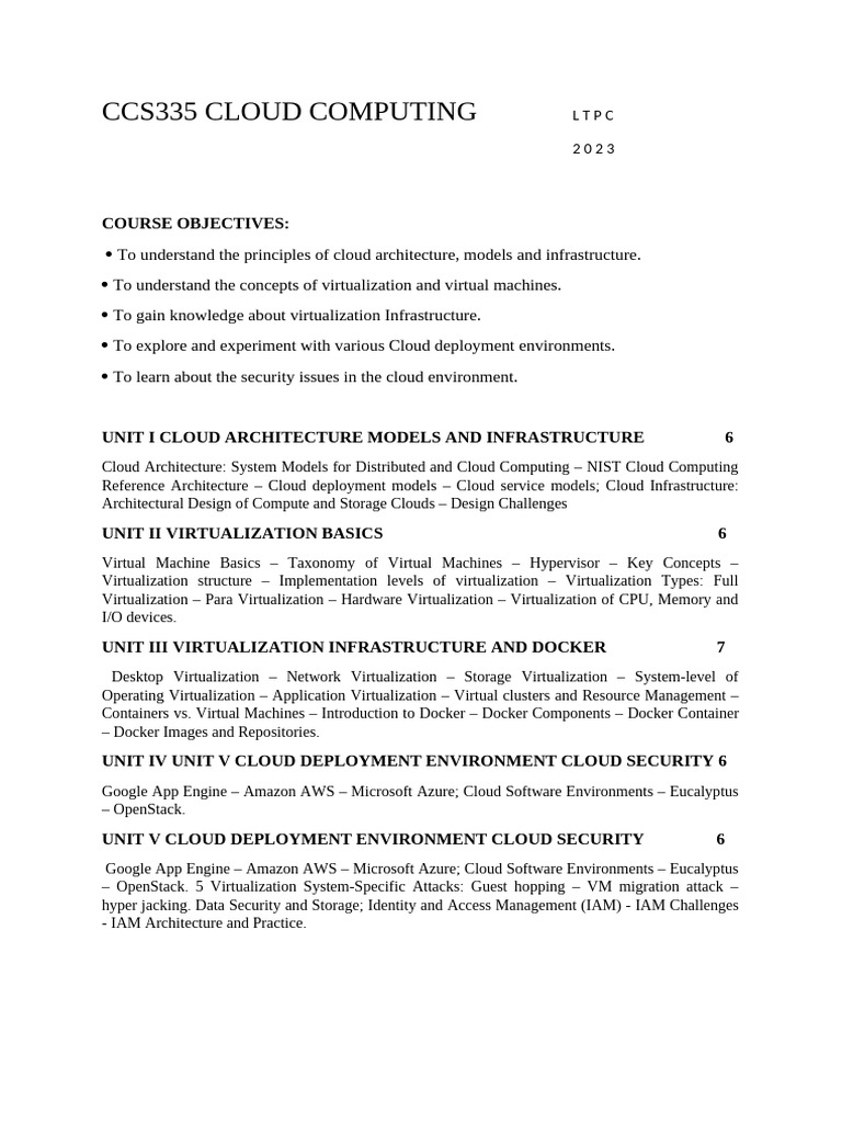 CCS335 CLOUD COMPUTING Syllabus | PDF | Virtualization | Cloud Computing