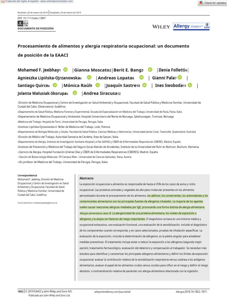 Food Processing and Occupational Respiratory Allergy- An EAACI Position Paper | PDF | Alergia ...