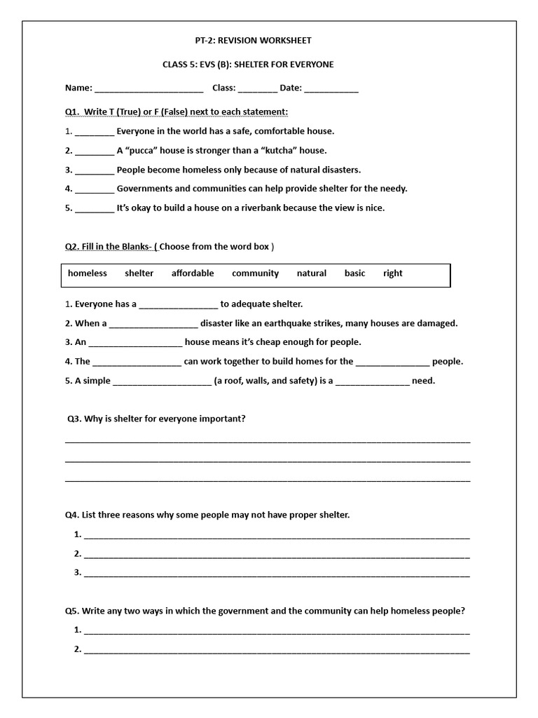Shelter for Everyone: Class 5 EVS Worksheet | PDF | Disasters