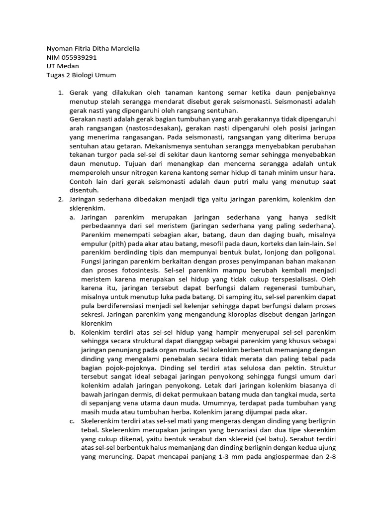 Nyoman Fitria Ditha Marciella_055939291_Tugas 2 Biologi Umum | PDF