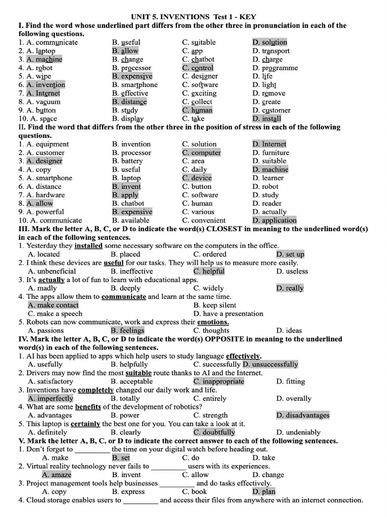 Grade 10- UNIT 5- Test 1 (Key).Doc - Google Docs | PDF