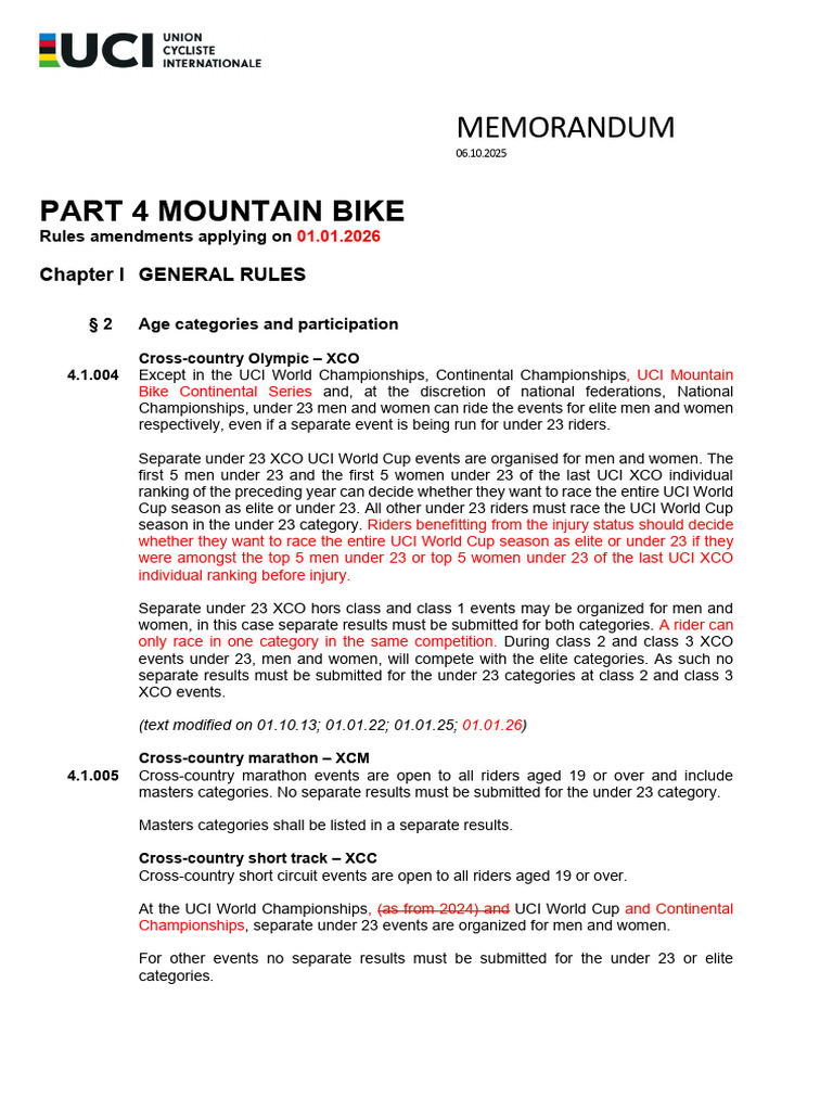 UCI MTB Rules - Part IV - Rule Changes on 01.01.2026 - EnG | PDF ...