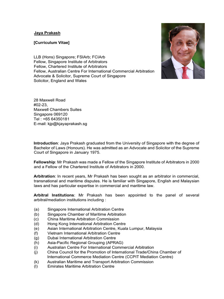 Jaya Prakash - SMAA Arbitrator CV | PDF | Dispute Resolution | Arbitration