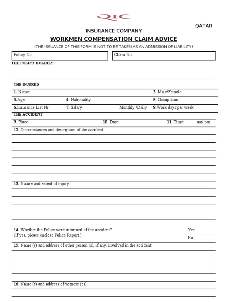 WC Claim Form | PDF | Traffic Collision | Vehicle Insurance