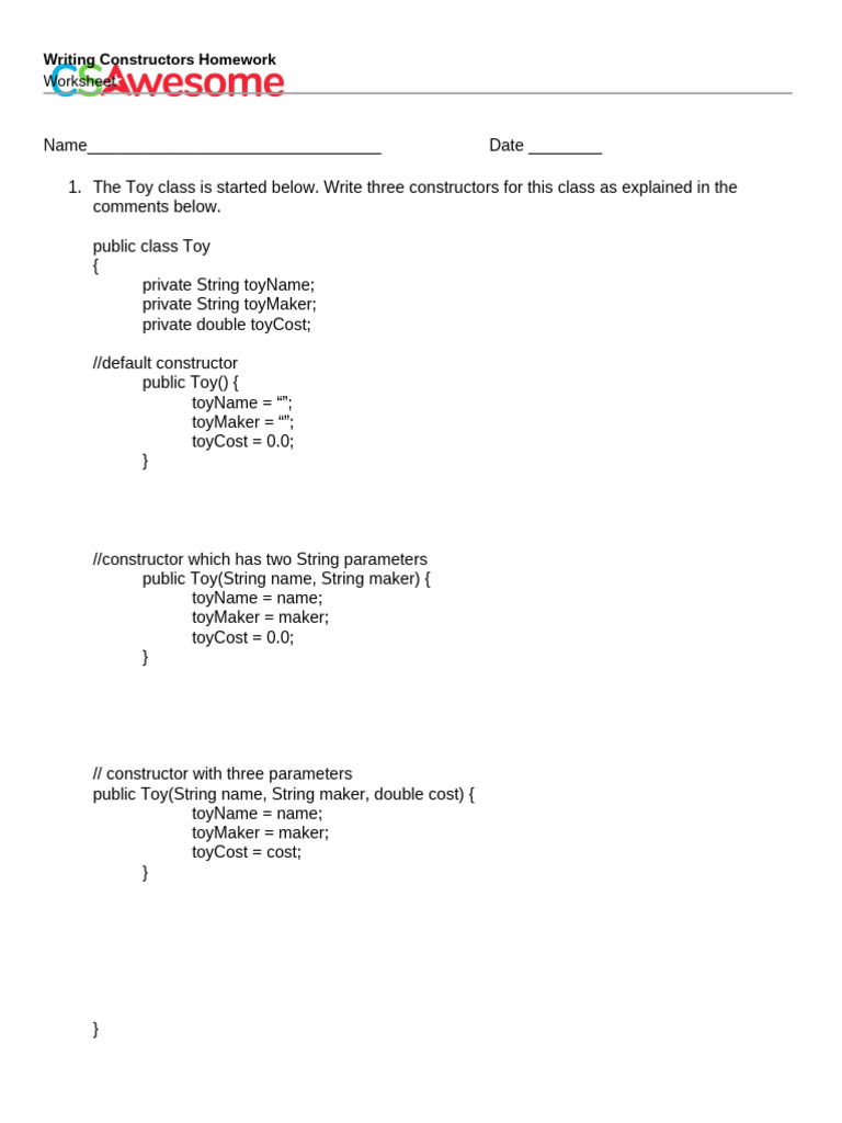 Lesson 5.2 Writing Constructors Homework Worksheet | PDF | Constructor ...